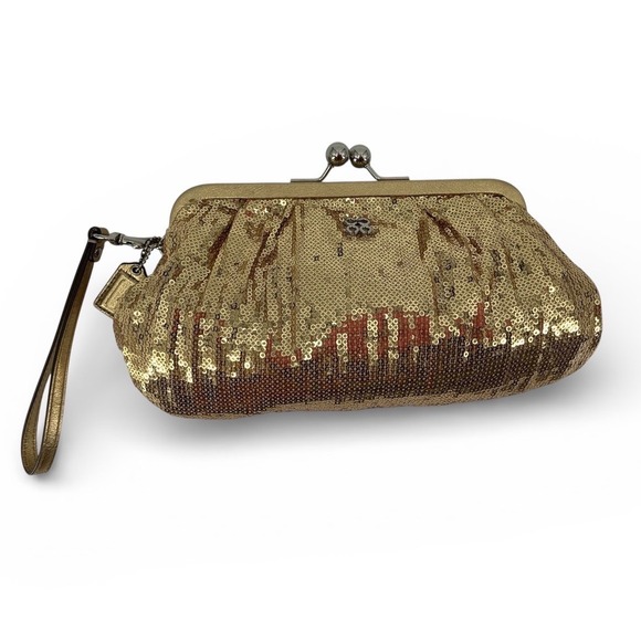 Coach | Bags | Coach Gold Sequin Kisslock Wristlet Clutch New W Care ...